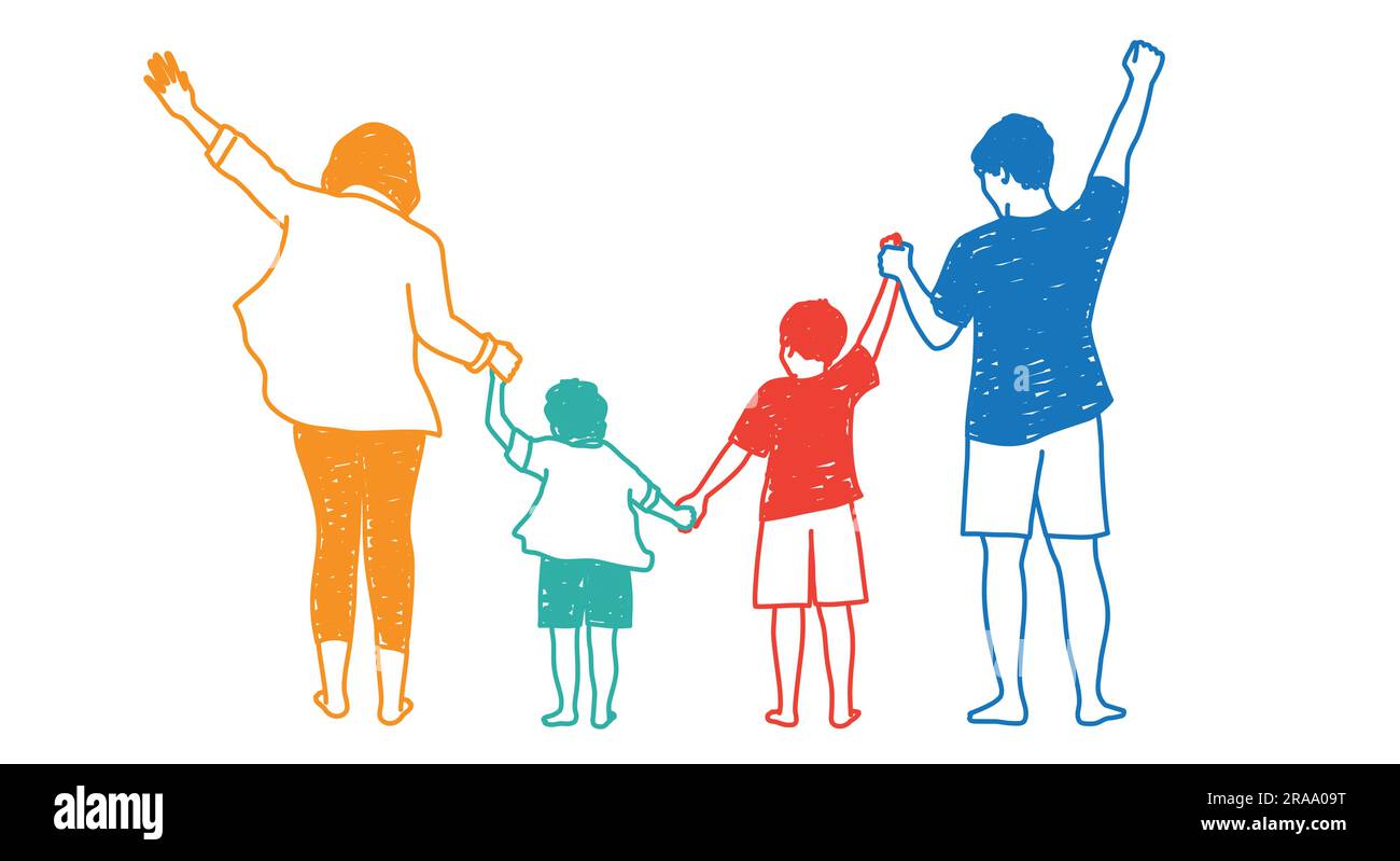 Parent and their two kids, walking. Hand drawn vector illustration ...