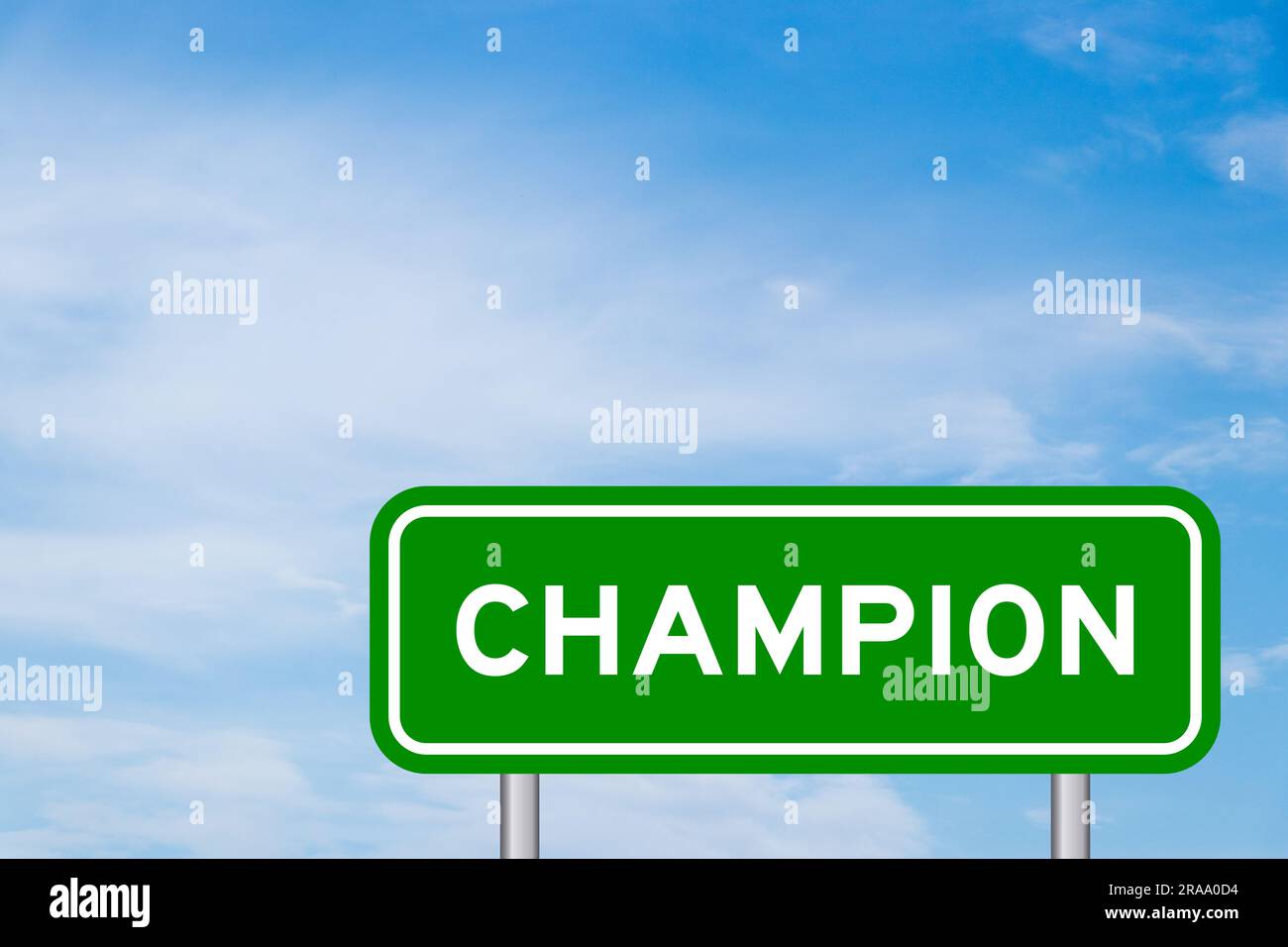 Green color transportation sign with word champion on blue sky with ...