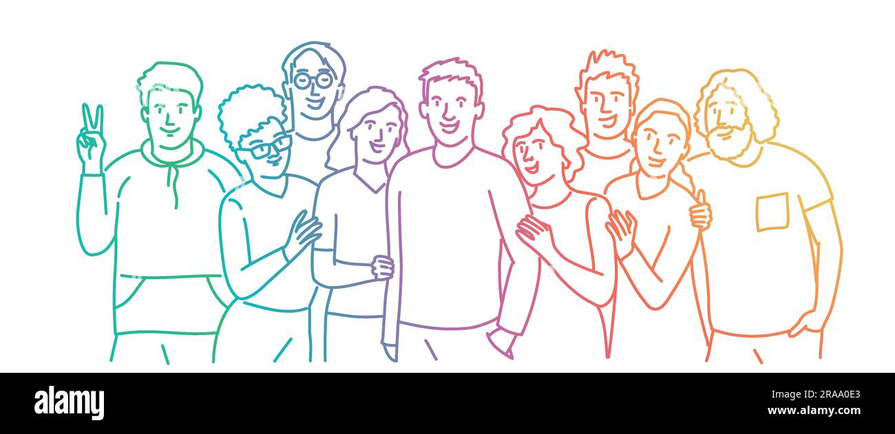 Smiling employees posing together. Hand drawn vector illustration Stock ...