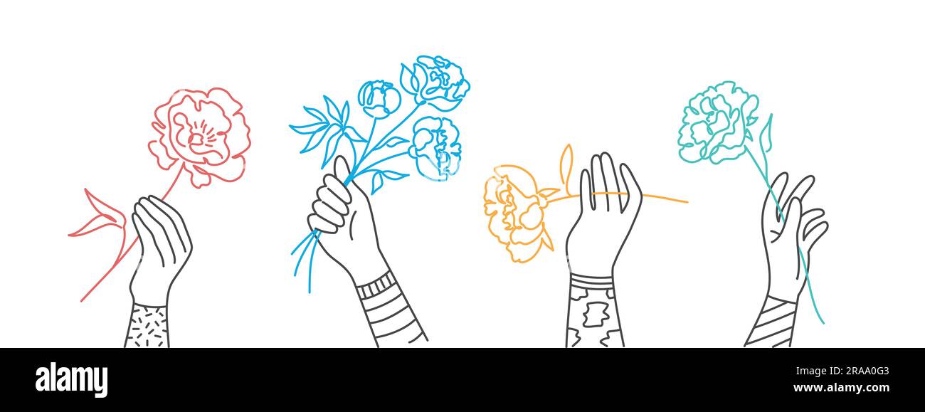 Human hands holding bouquets of wildflowers. Floral set. Hand drawn ...
