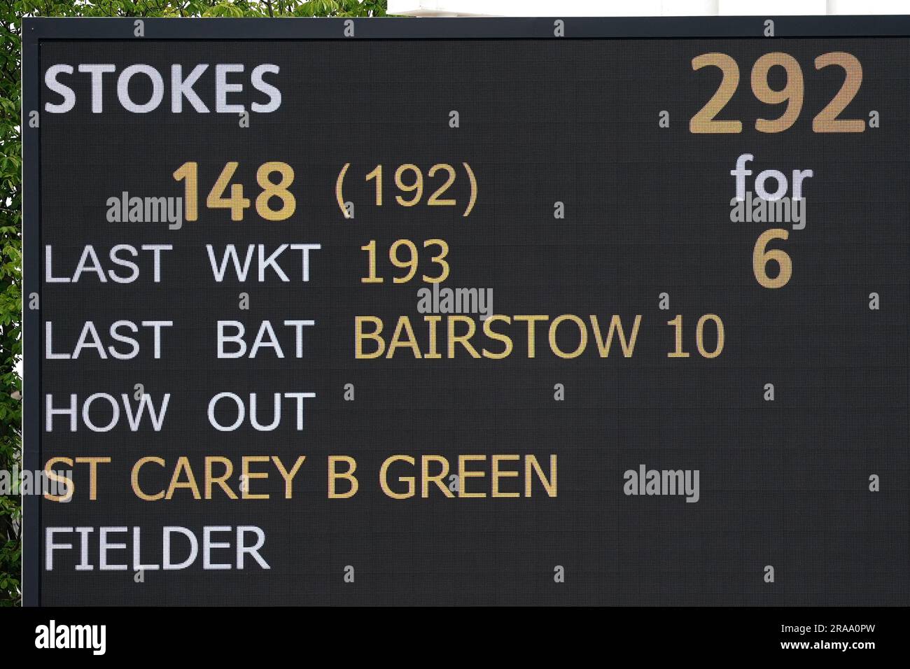 The scoreboard showing England's Jonny Bairstow as the last wicket ...
