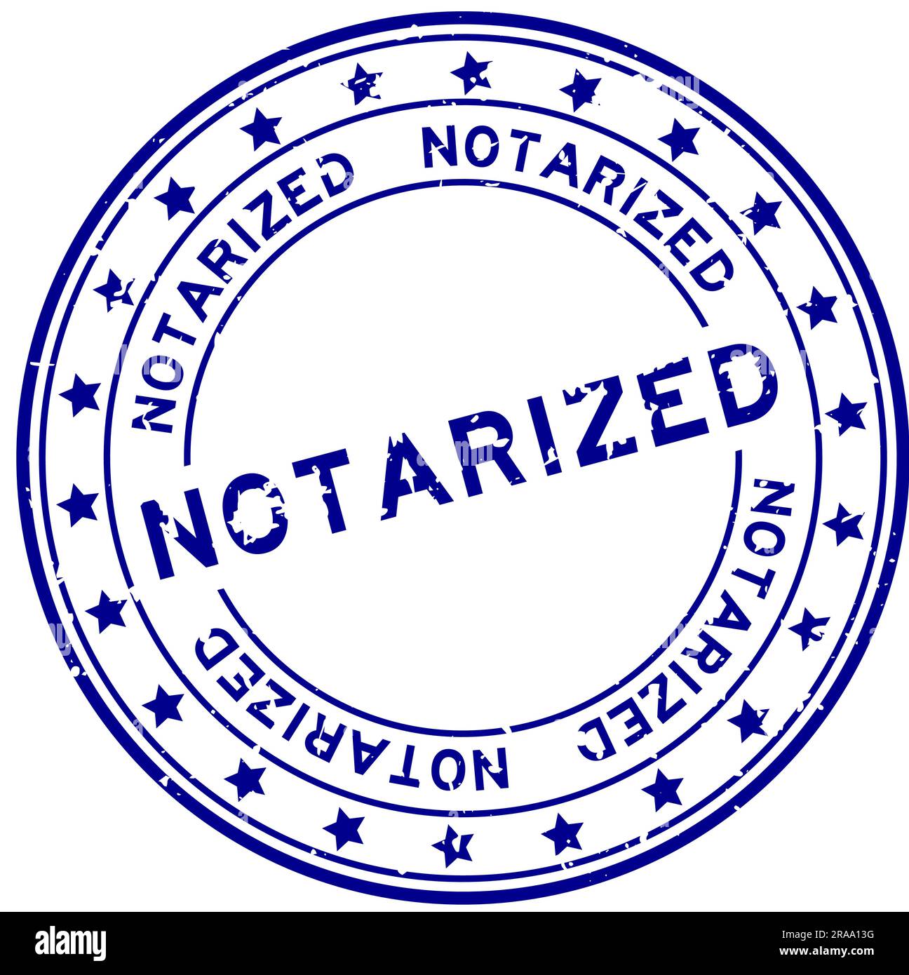Grunge blue notarized word with star icon round rubber seal stamp on ...