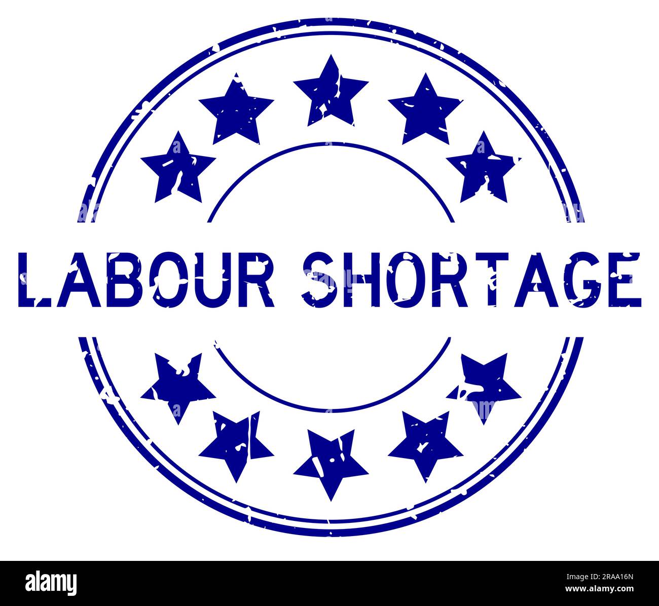 Grunge blue labour shortage word with star icon round rubber seal stamp ...