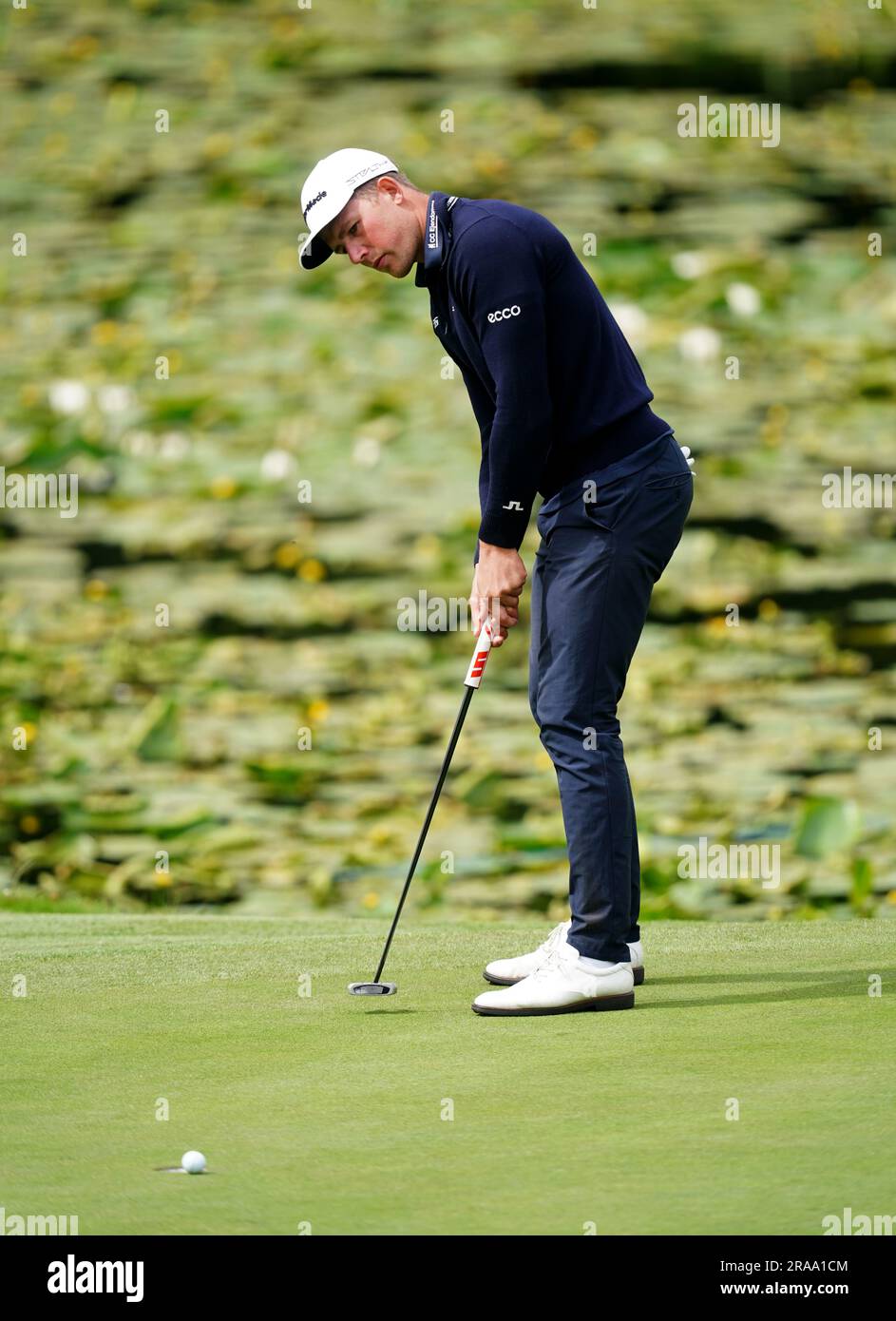 Niklas Norgaard of Denmark misses a putt on the ninth green during day ...
