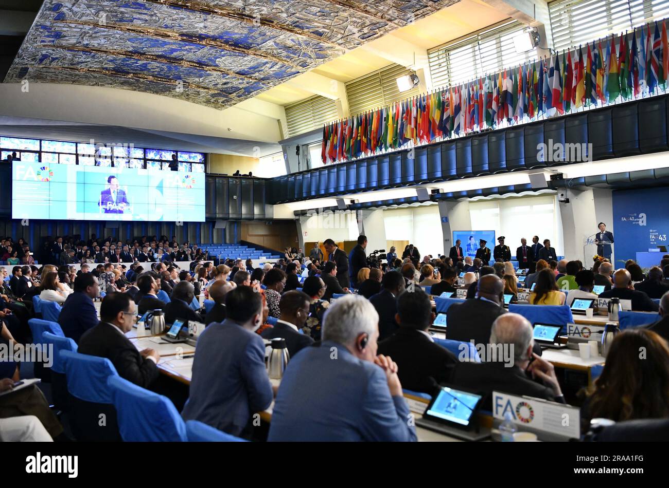 Rome, Italy. 2nd July, 2023. Qu Dongyu delivers a speech after being re ...