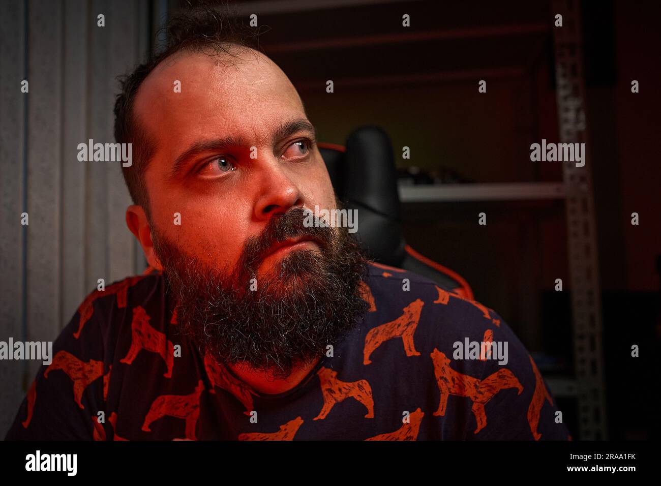 Portrait of an adult male with a beard, works in front of a computer ...