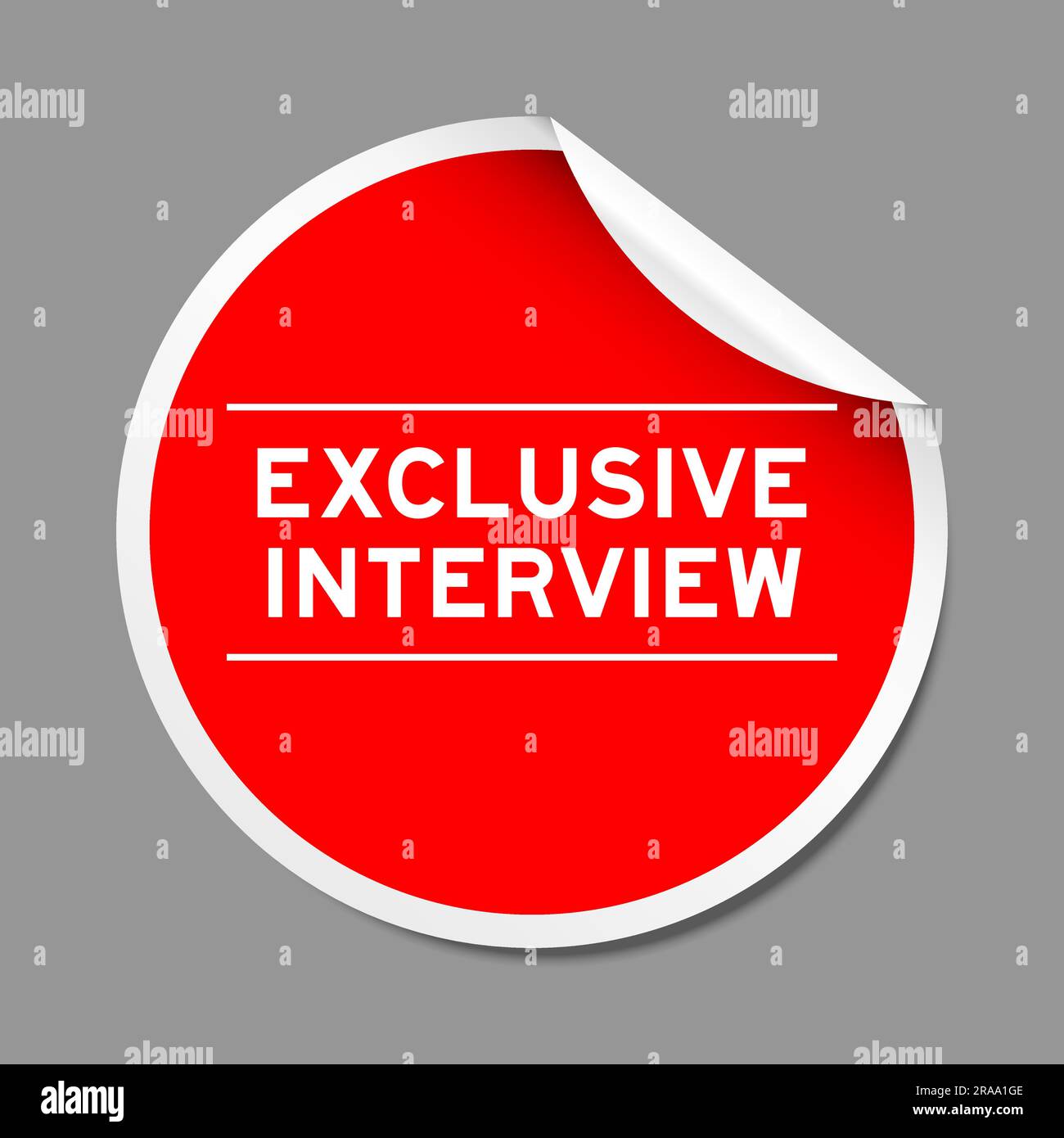 Red color peel sticker label with word exclusive interview on gray ...