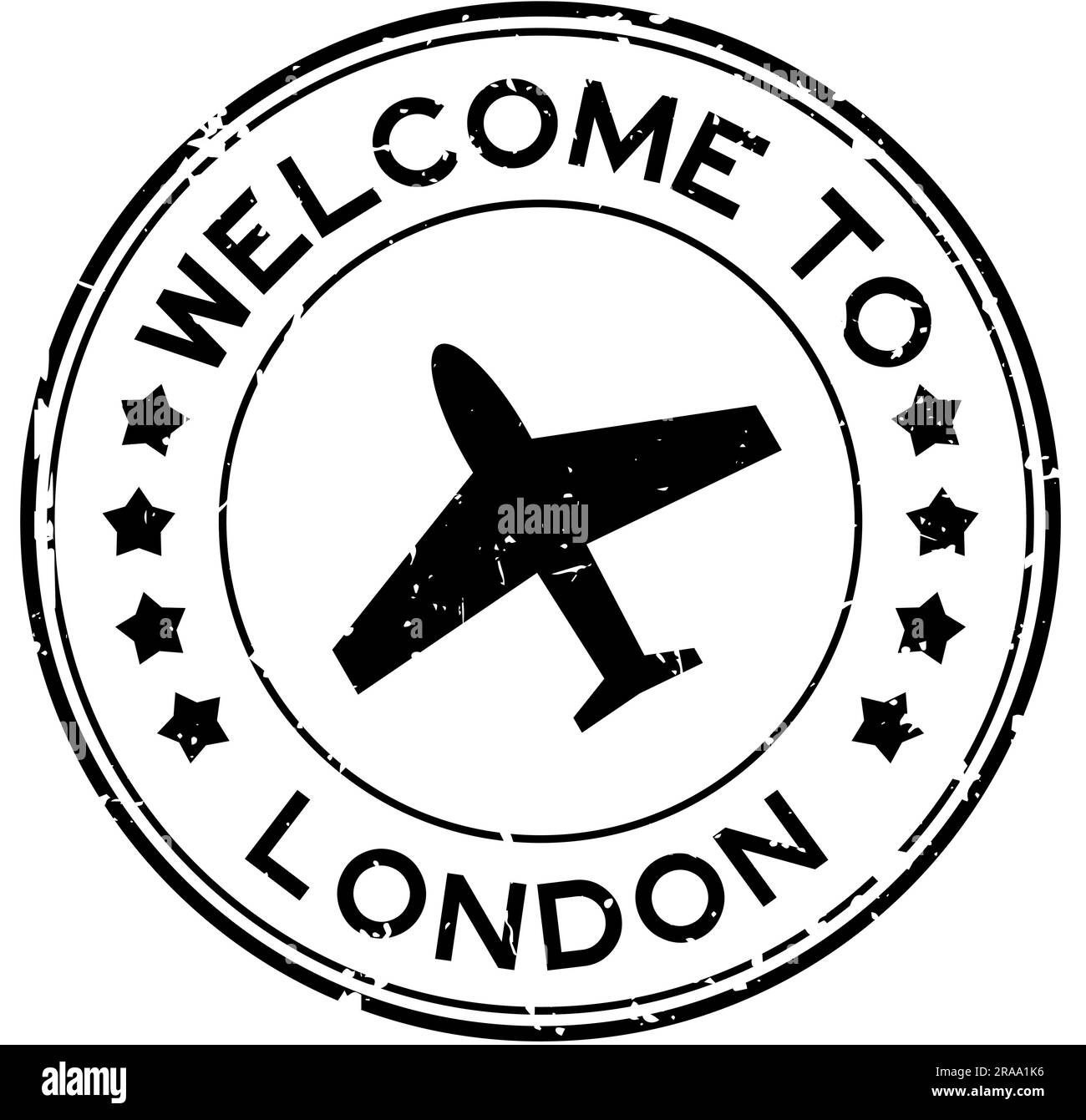 Grunge black welcome to london with airplane icon round rubber seal ...