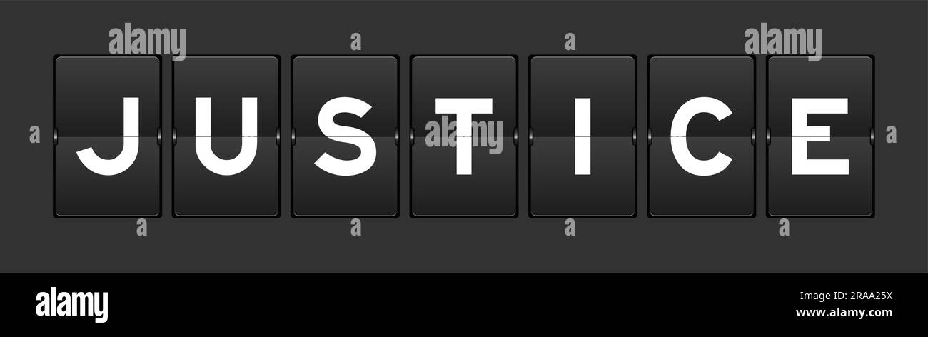 Black color analog flip board with word justice on gray background ...