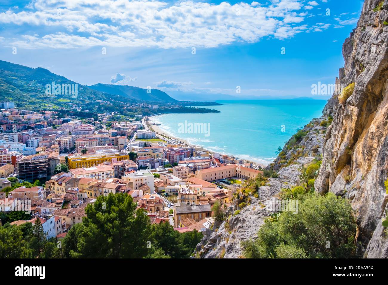 Aerial view of Cefalu, medieval town on Sicily island, Italy. Seashore ...