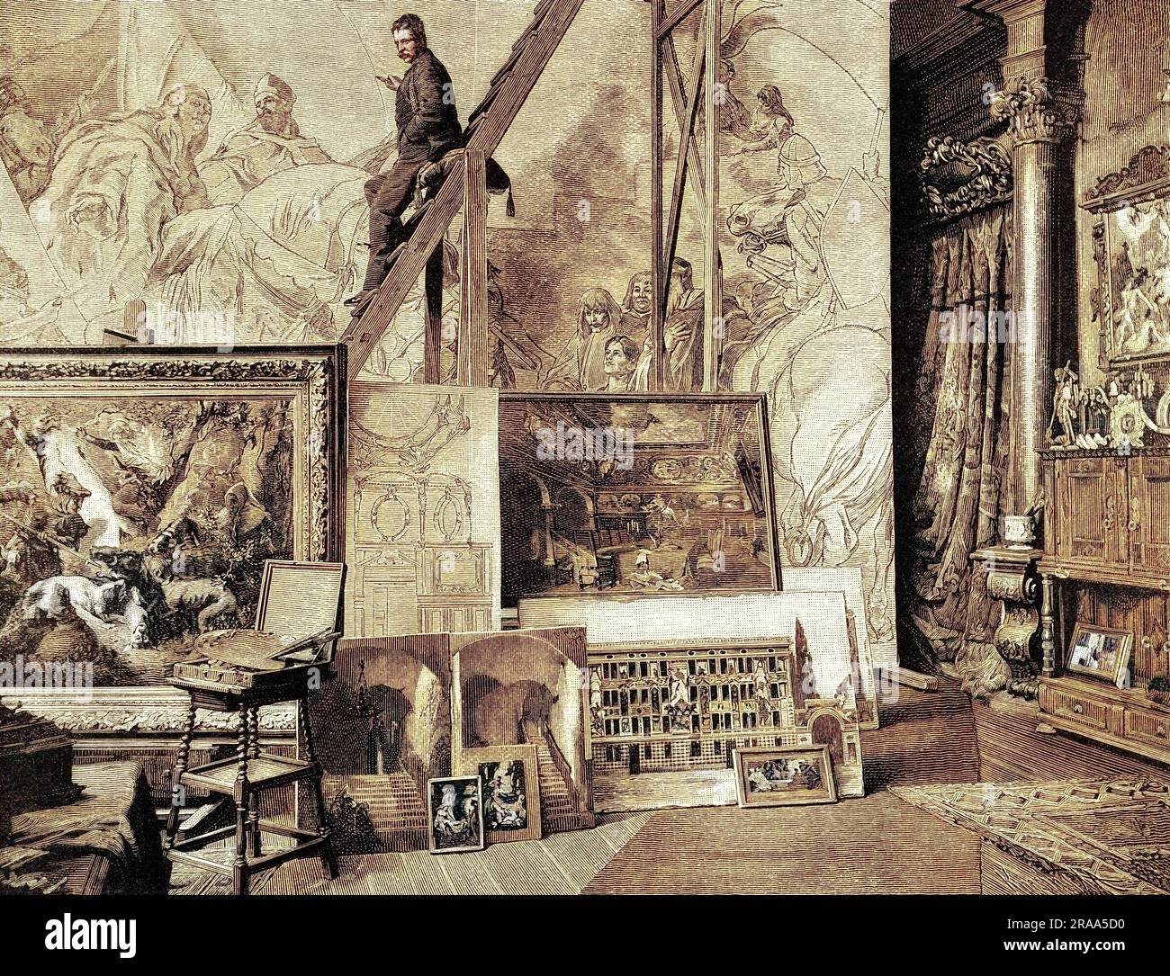 FERDINAND WAGNER, artist, painting a very large work in his studio ...