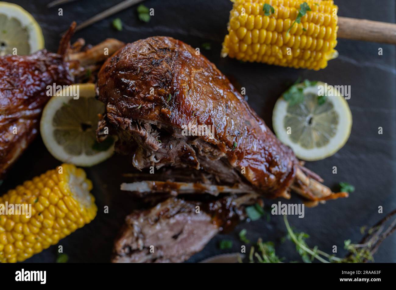 Roast turkey leg with corn on the cob Stock Photo - Alamy
