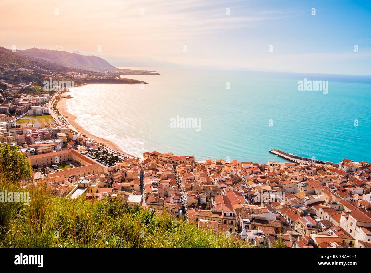 Aerial view of Cefalu at sunset. Medieval town on Sicily island, Italy ...
