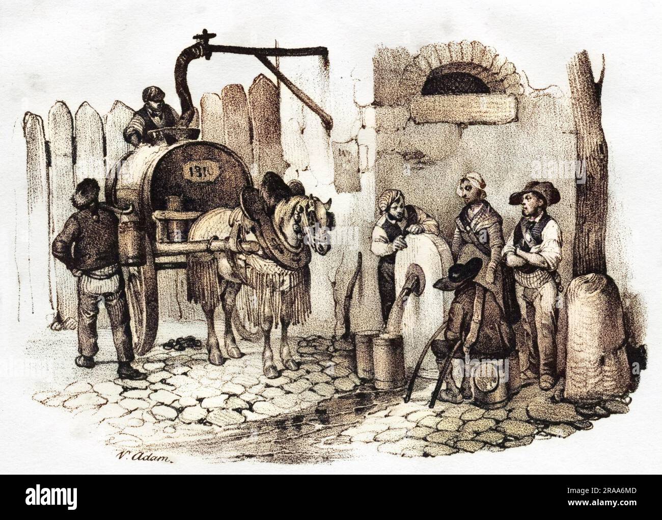 French water carriers, some with a horse-drawn cart, others with ...