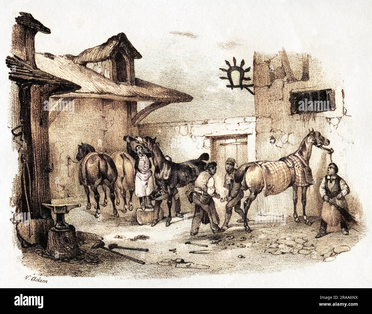 A French marechal-ferrant (blacksmith) shoeing a horse. Date: circa ...