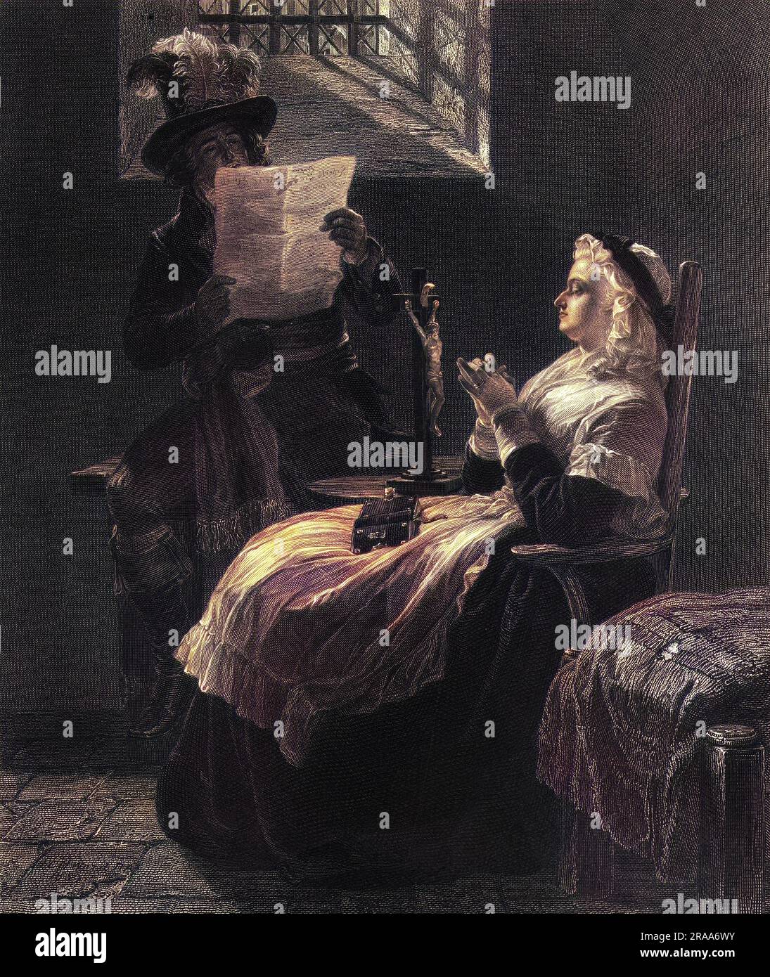 The queen, in solitary confinement in the Conciergerie, listens ...