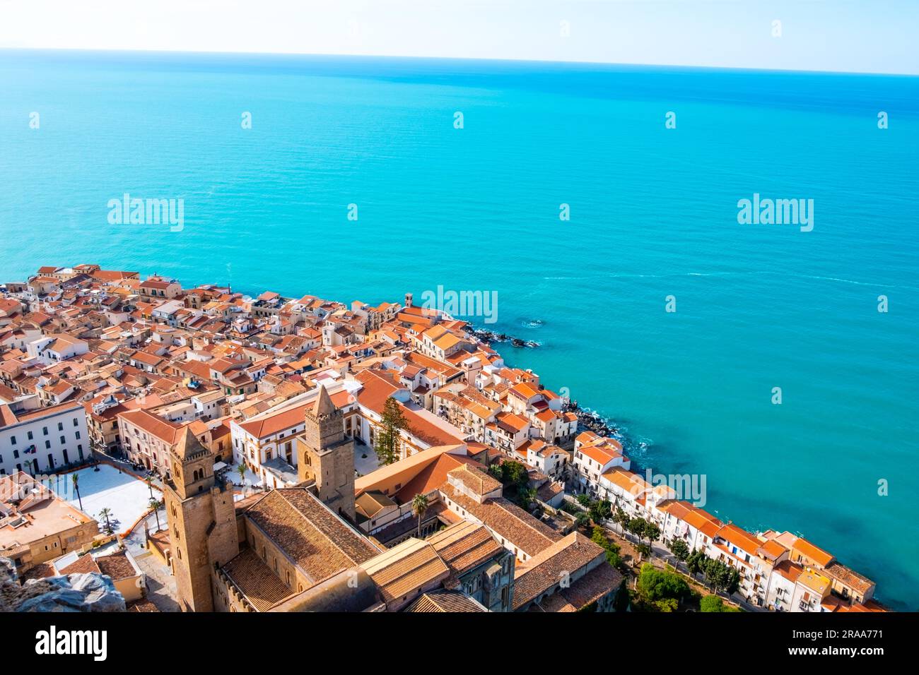 Aerial view of Cefalu old town on Sicily island, Italy. Medieval ...