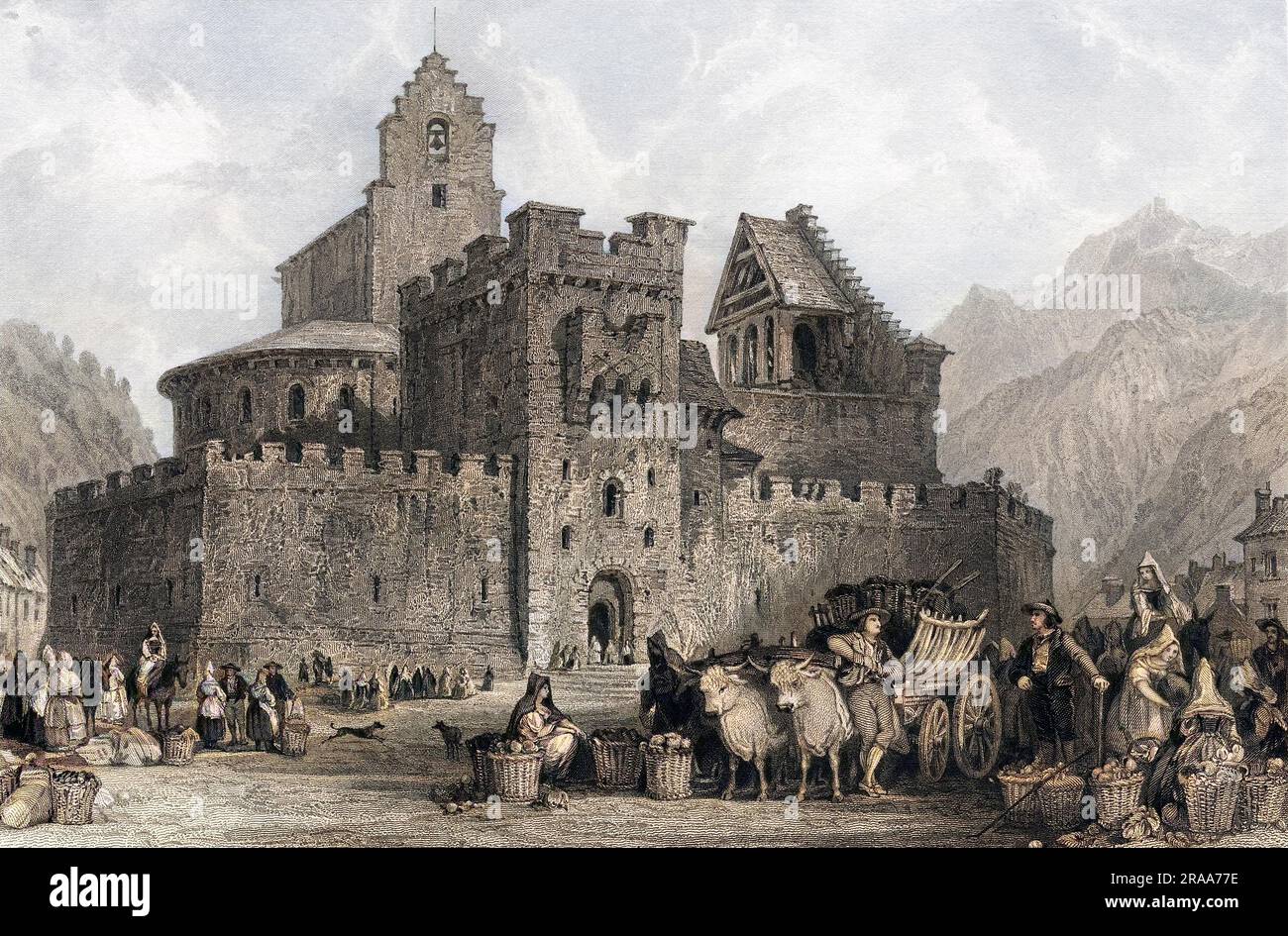 The church of the Knights Templar, in this picturesque village in the Pyrenees. Date: 1836 Stock ...