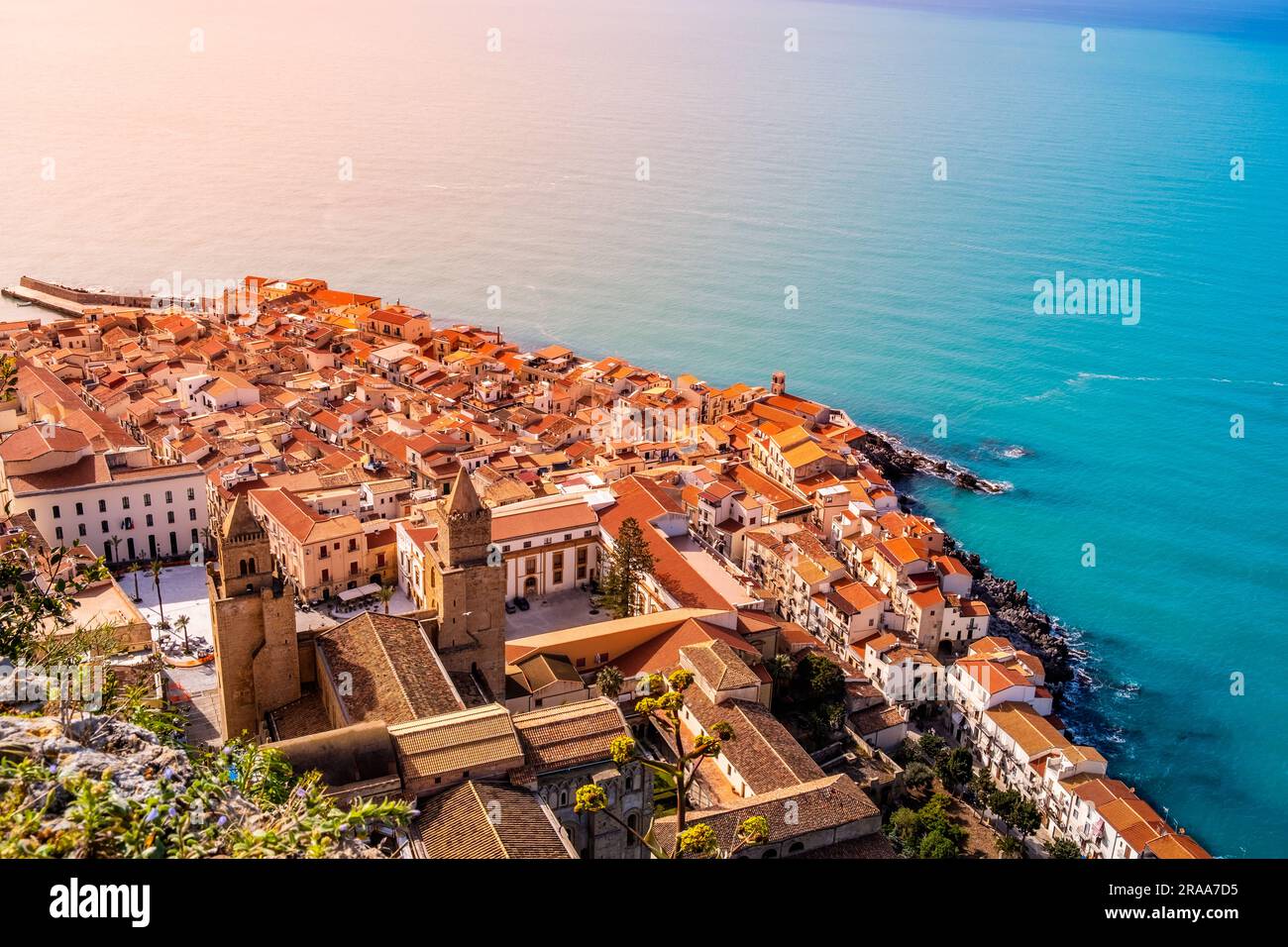 Aerial view of Cefalu old town at sunset on Sicily island, Italy ...