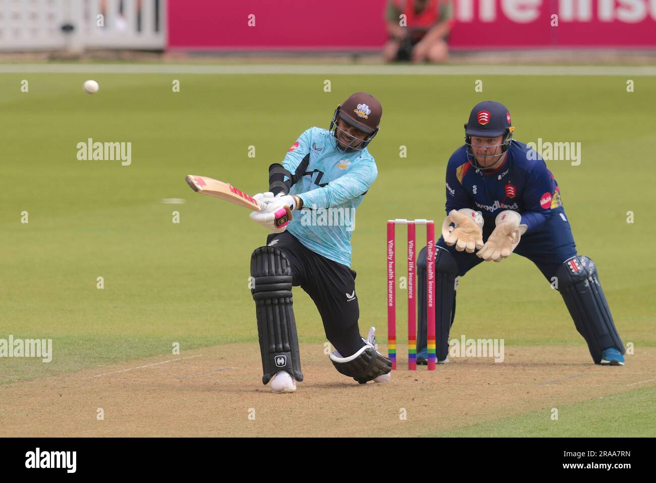 London, UK. 2nd July, 2023. Surrey's Sunil Narine hits a six as Surrey ...