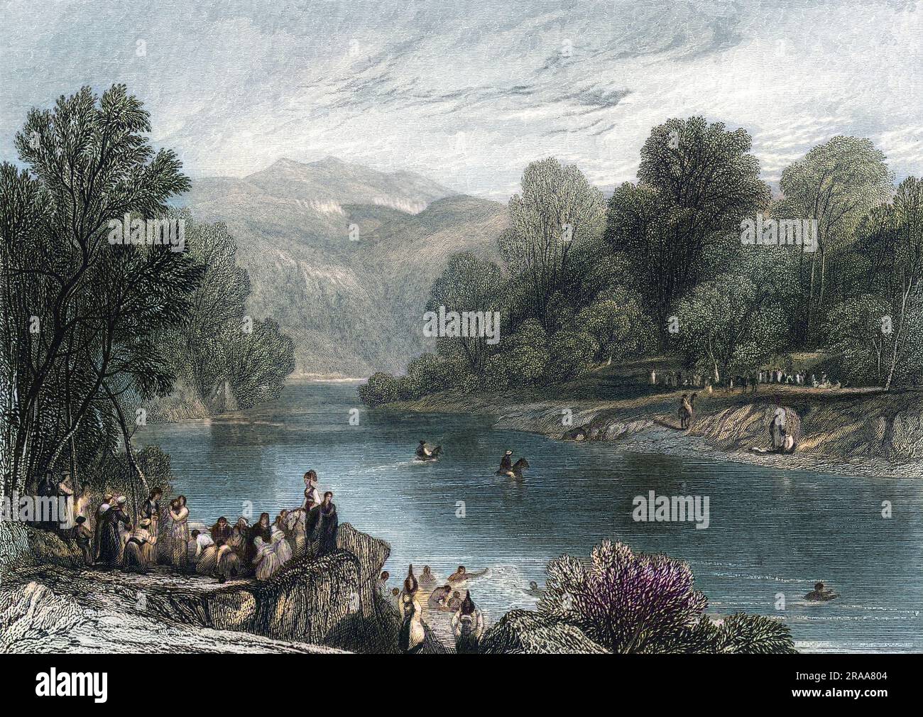 Travelers crossing a ford on the river on horseback. Date: 1834 Stock ...