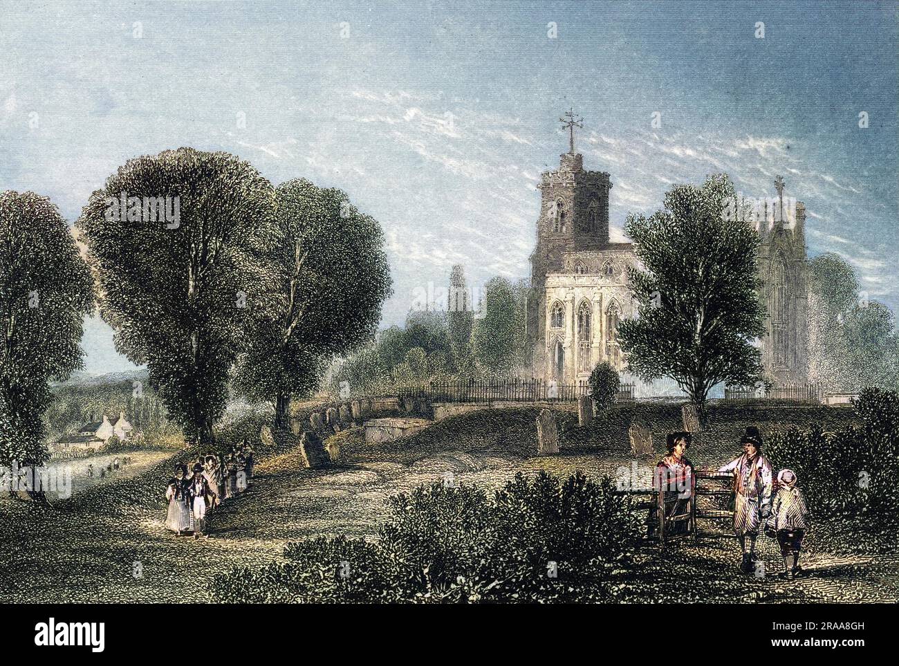 A wedding procession passes through the graveyard in a rural setting ...