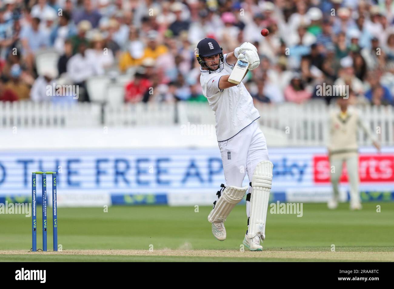 Josh Tongue of England hits the ball high but it is not caught during ...