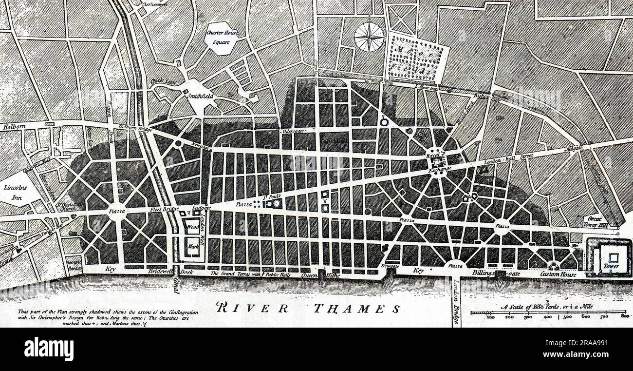 Wren's plan for the rebuilding of London after the Great Fire. Date ...