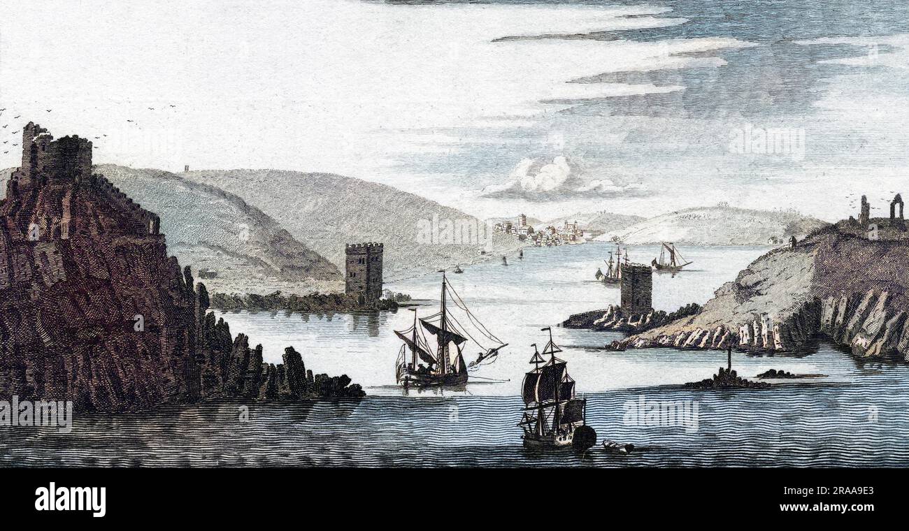 The harbour and Castle of Fowey, in Cornwall. Date: circa 1750 Stock ...