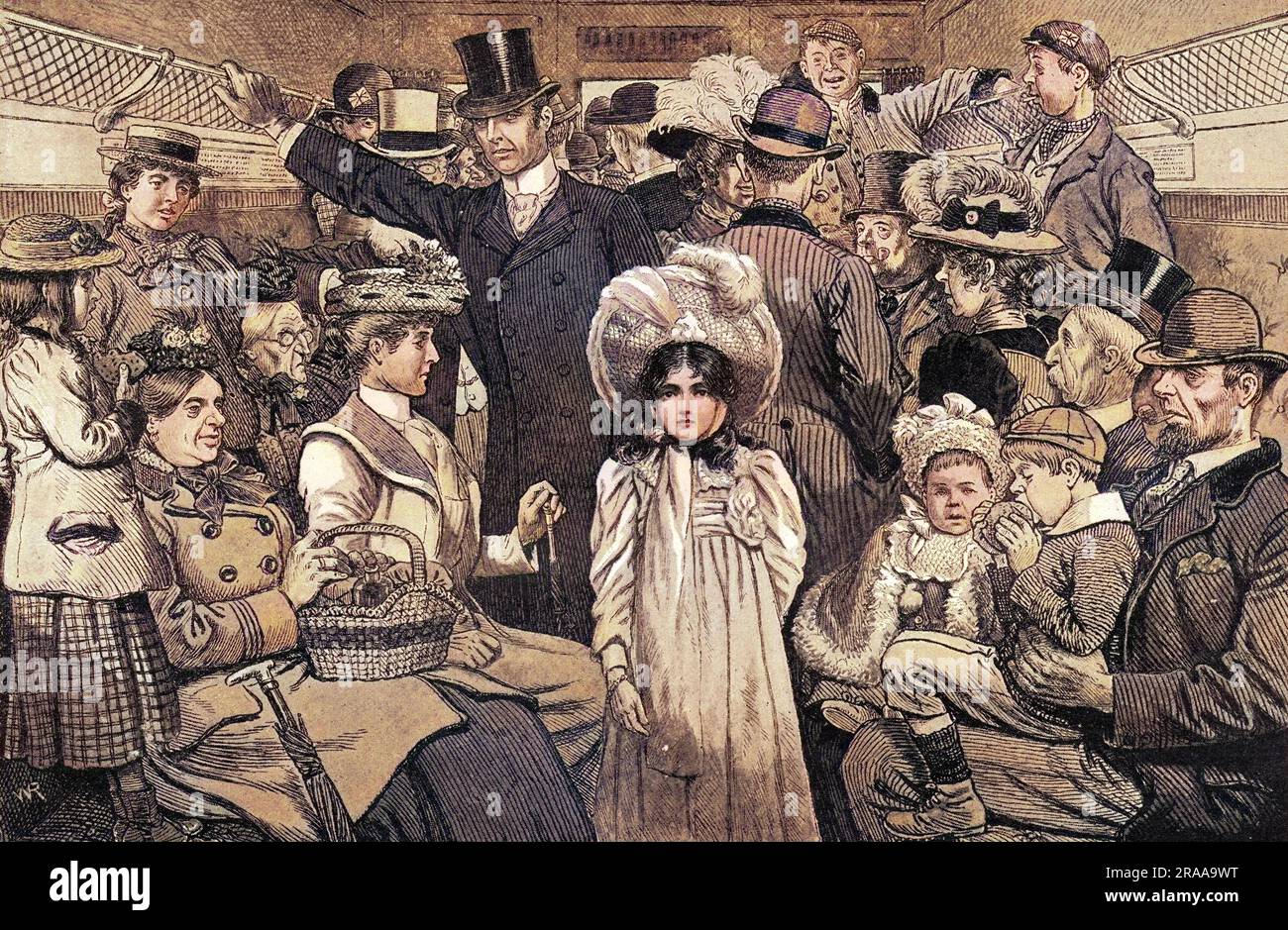 First-class bus compartment of an early suburban train. Packed full of ...