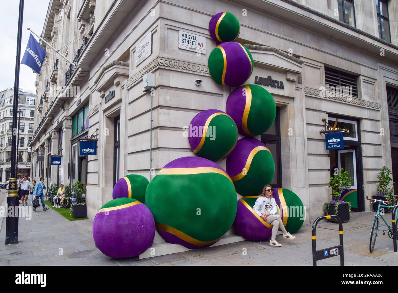 London, England, UK. 2nd July, 2023. Giant Wimbledon-themed tennis ...