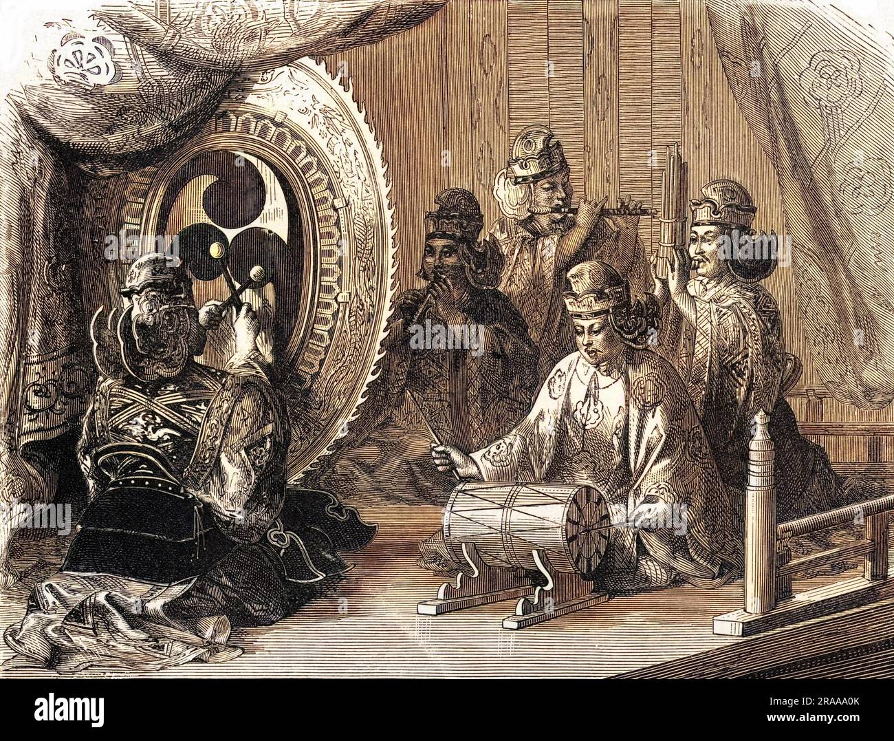 A group of Japanese musicans playing various instruments, including the ...