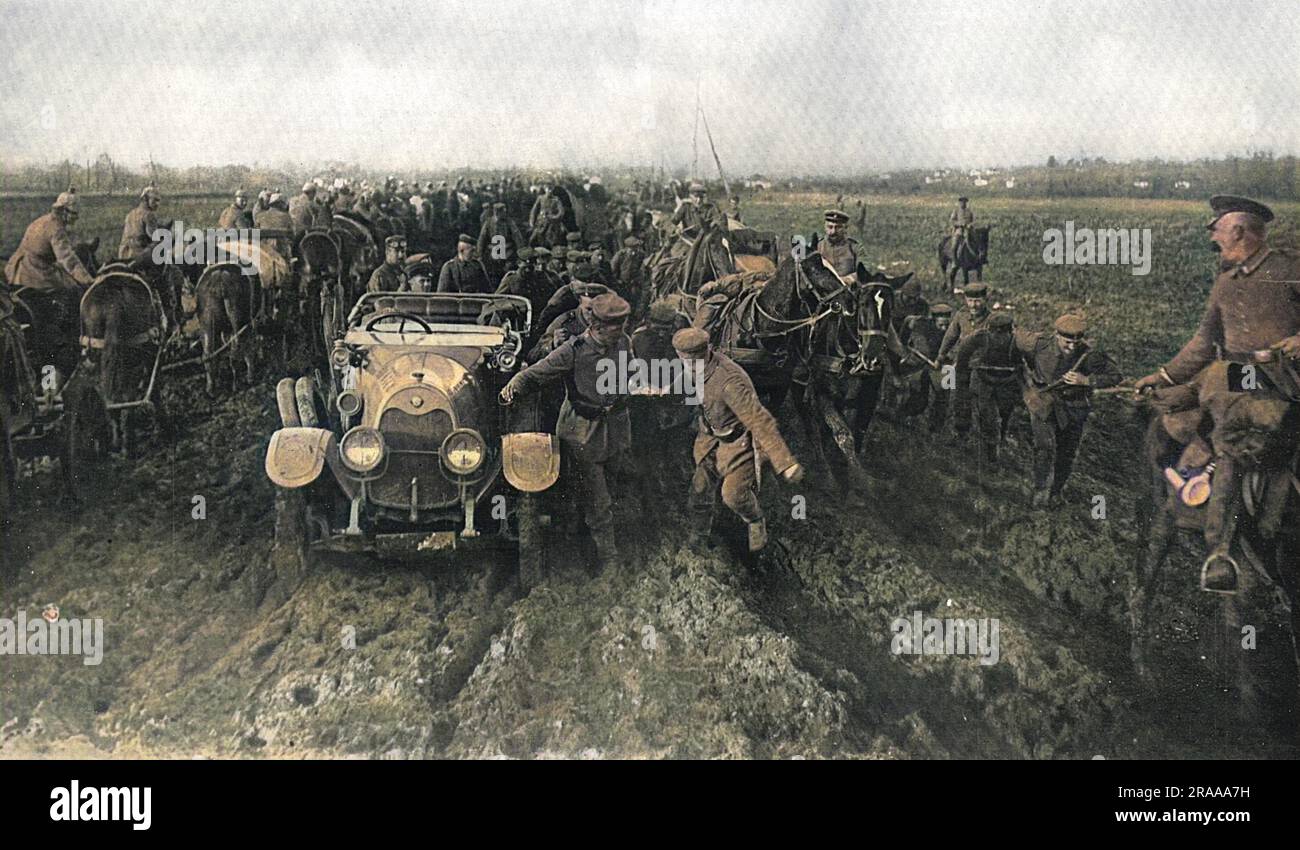 Men and horses struggle to move heavy equipment through the mud, using ...