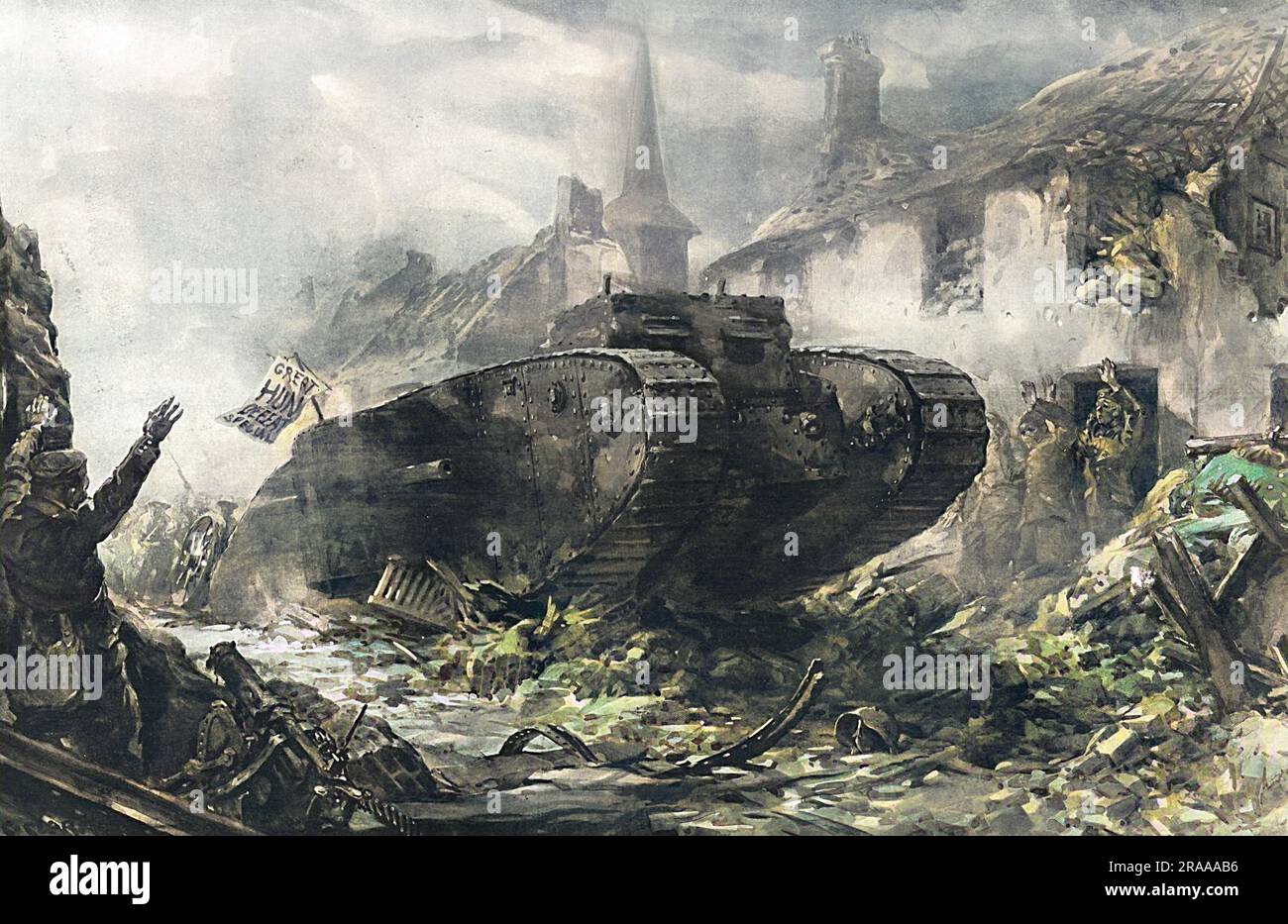 A illustration showing a tank driving through a village street on the ...