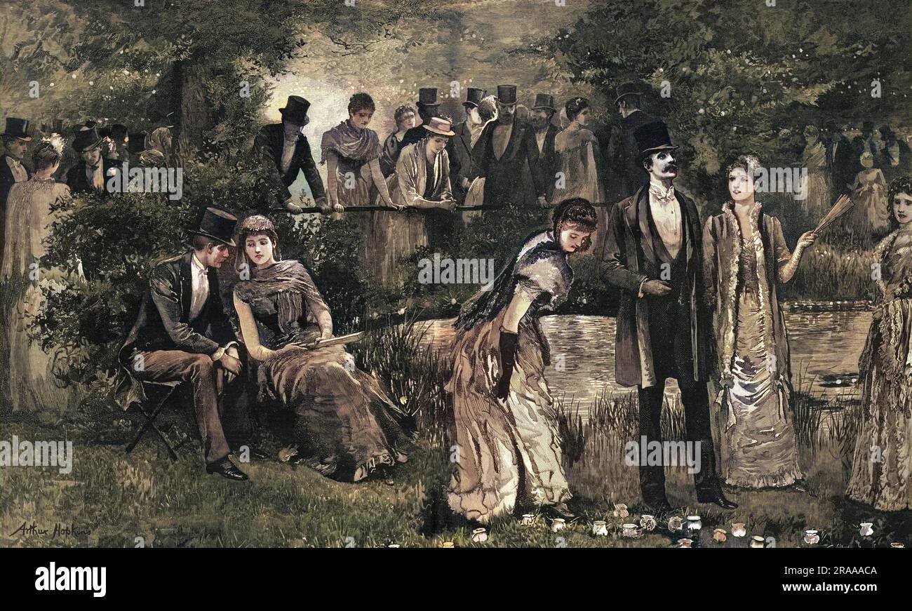 Group of Victorian ladies and gentlemen at an evening fete in the ...