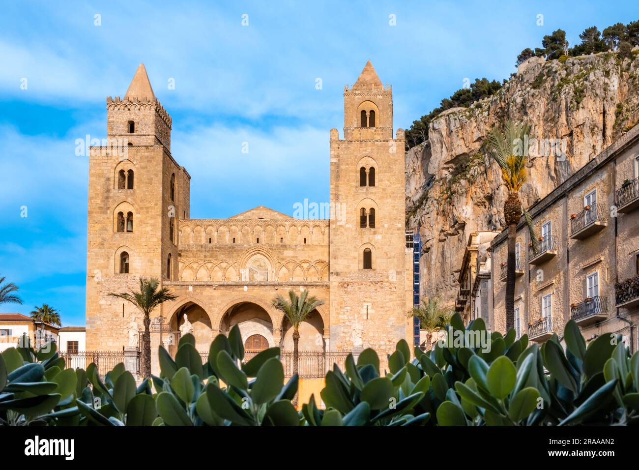 Norman cathedral with two towers in Cefalu, medieval town on Sicily ...