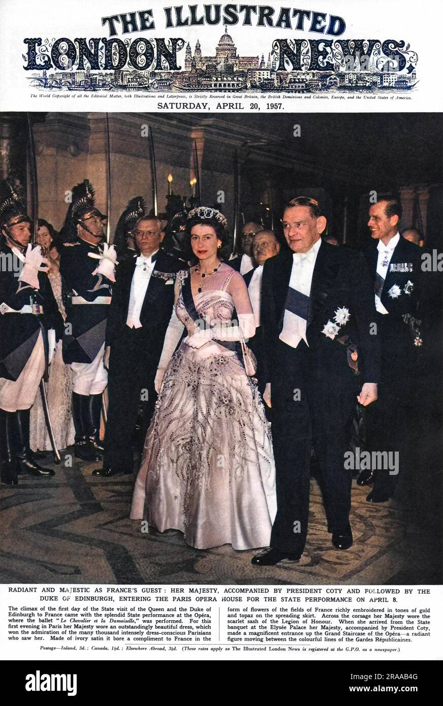 Queen Elizabeth II, accompanied by President Coty, followed by the Duke ...