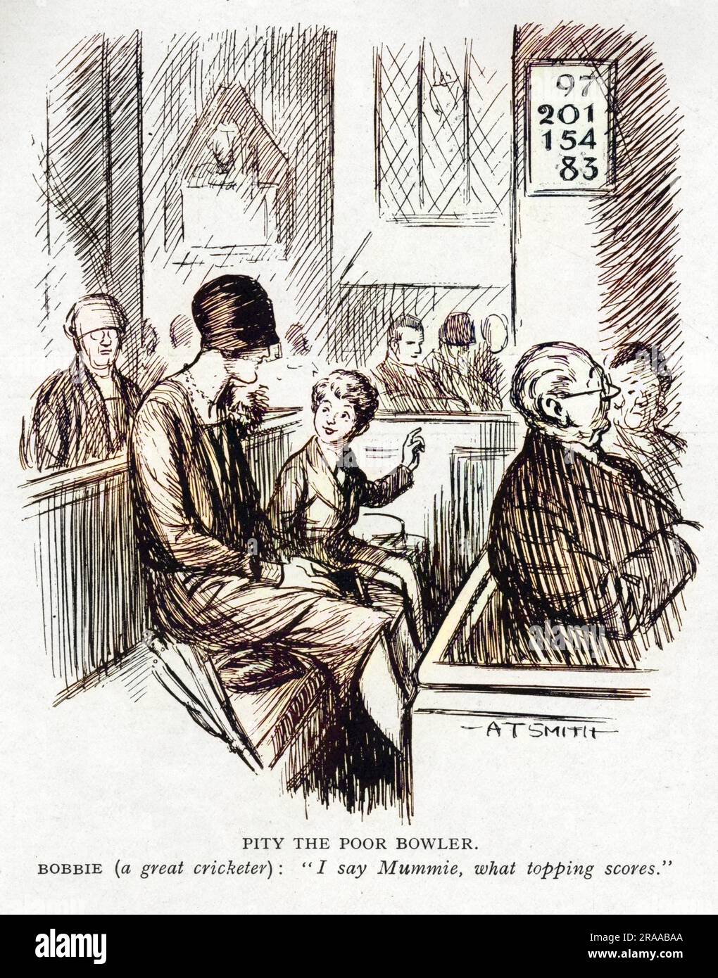 Humorous cartoon showing a small boy in church with his mother ...