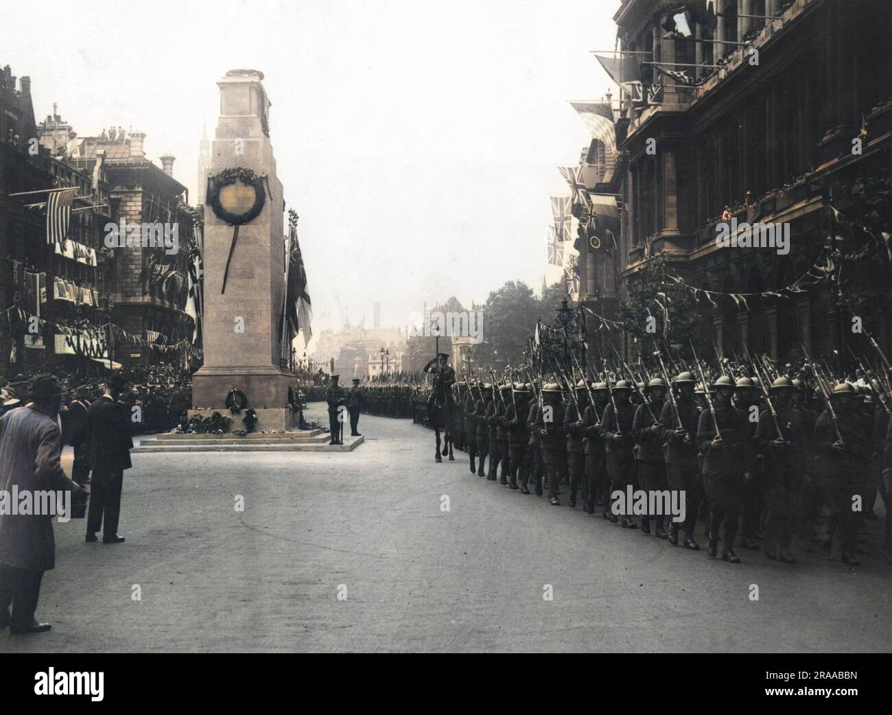 American troops in the Victory Parade on Peace Day pass the Cenotaph on ...
