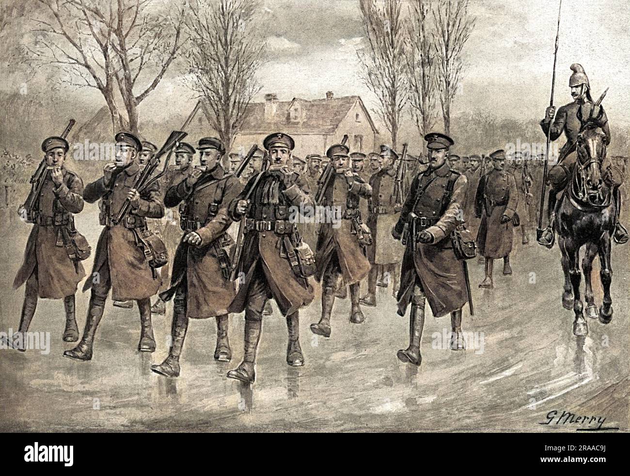 The British Army on the march with the help of mouth organs, donating ...
