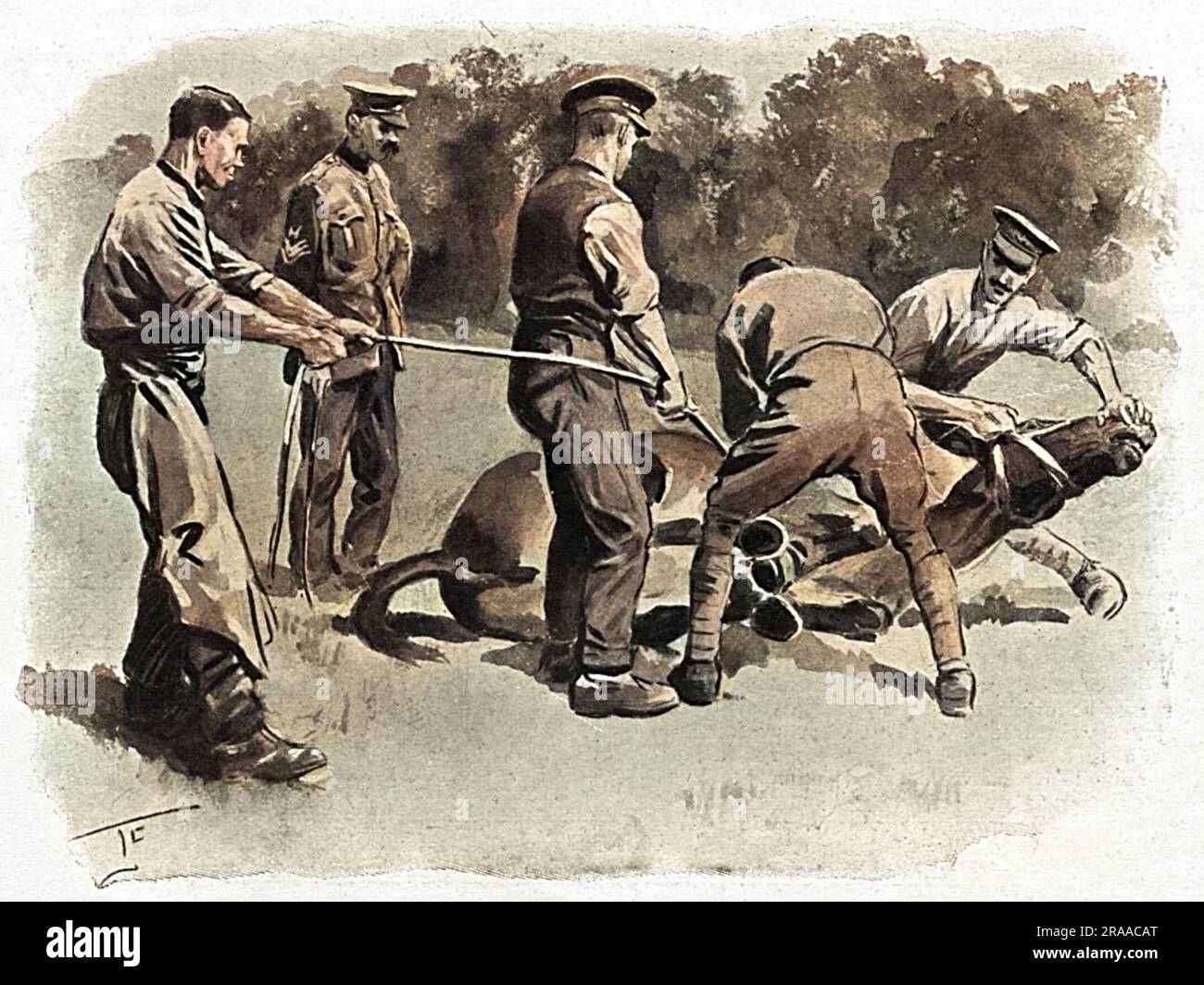 Men at an Army Remount Department attempt, with difficulty, an ...