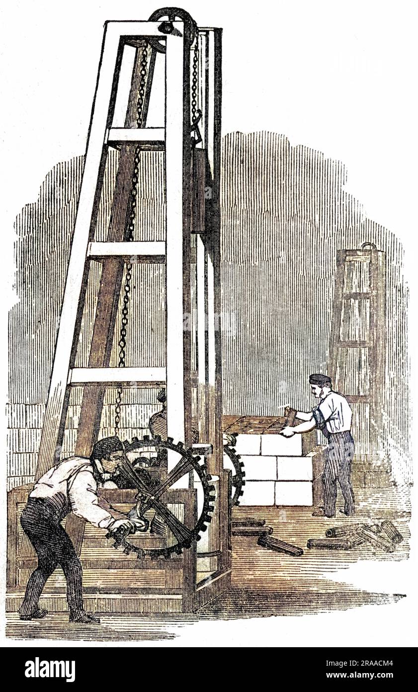 A monkey press, or small pile driver, as used for filling Congreve ...
