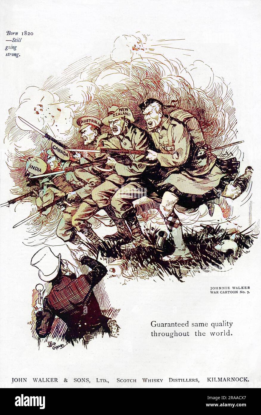 Johnnie Walker war cartoon No. 7, showing troops from India, Canada ...