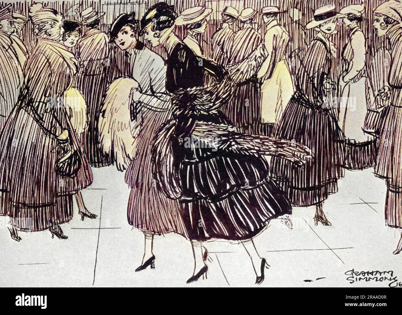 Cartoon depicting two fashionably dressed ladies chatting about what ...