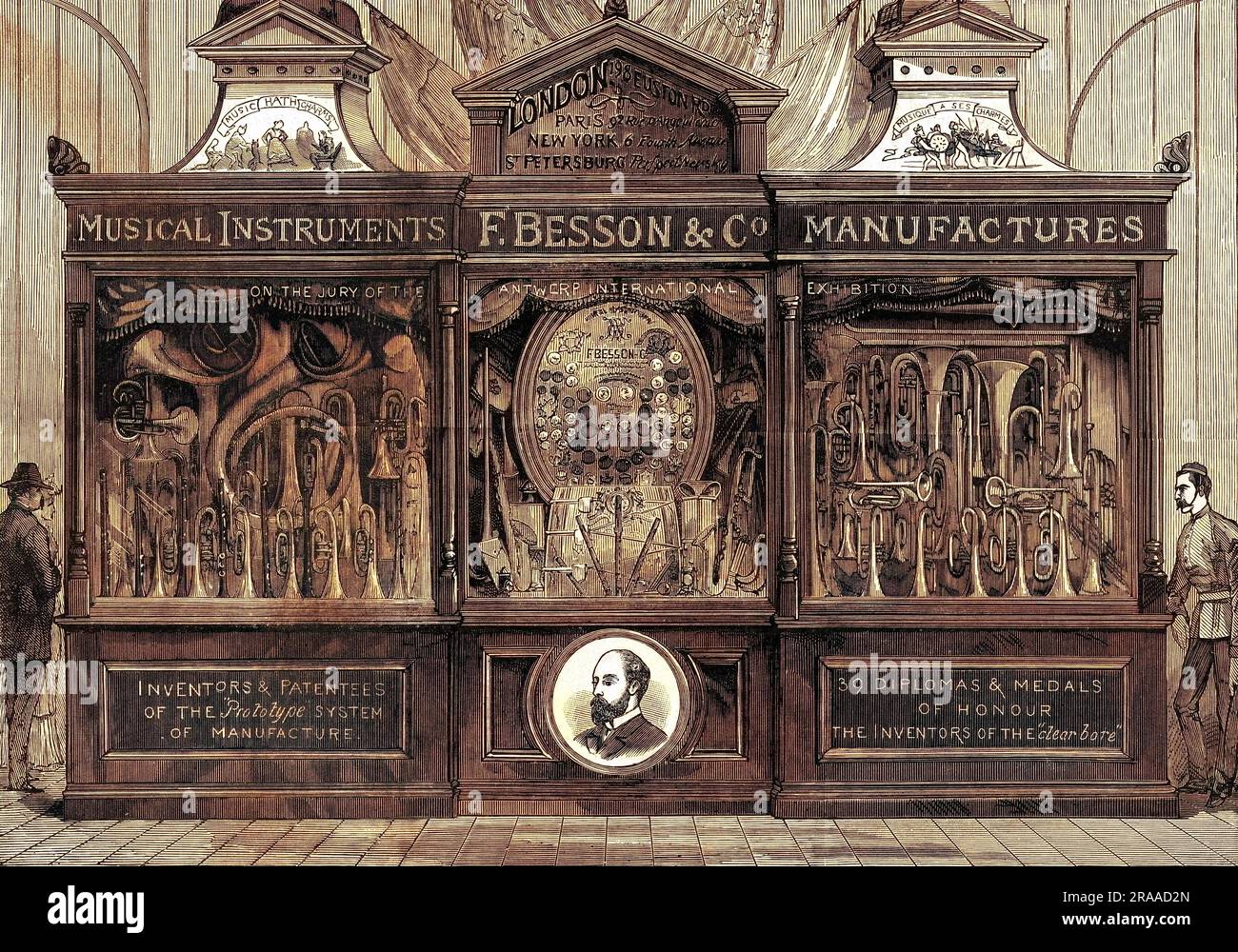 An exhibit of F. Besson & Company's brass musical instruments, 1885 ...