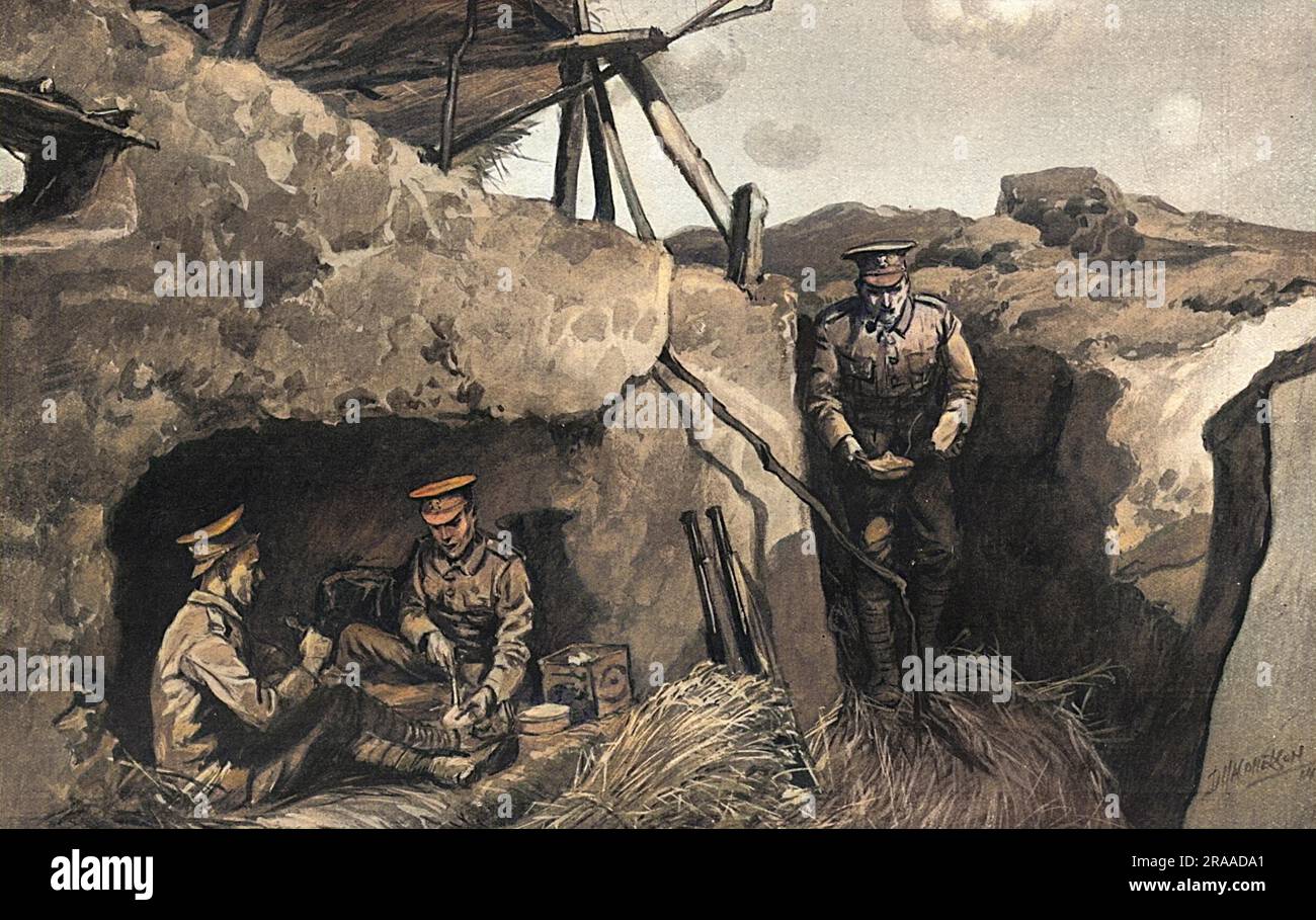 View from inside a British trench in the Aisne district of France, showing the head cover made ...