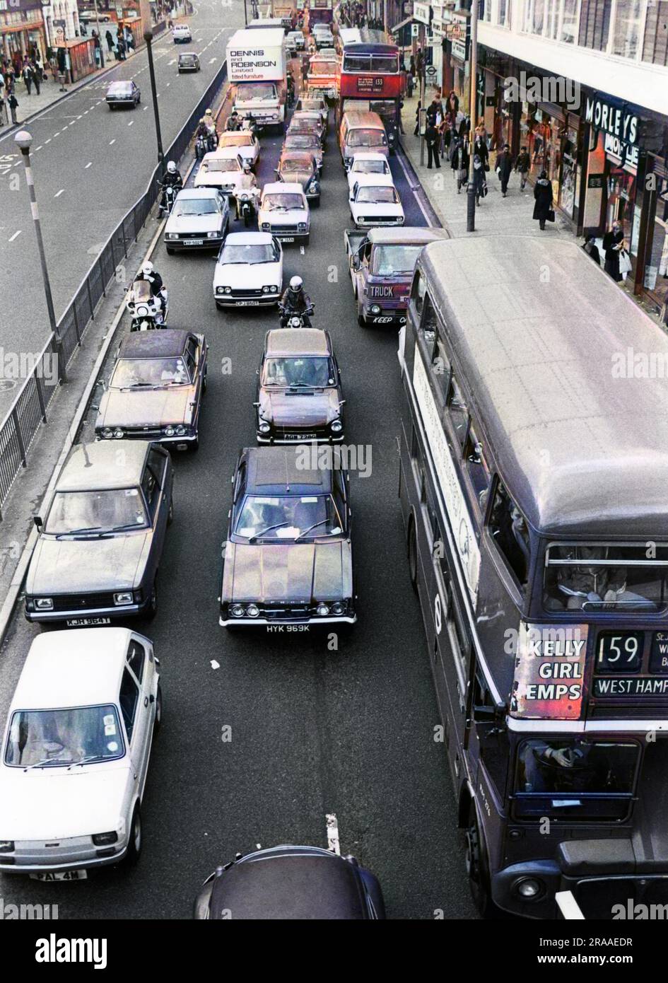 Buses and cars in a south London traffic jam, in the days before the ...