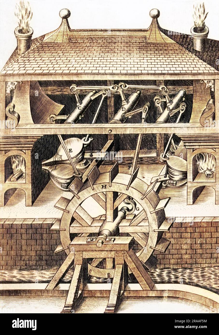 A water wheel operates two sets of bellows to keep two furnaces burning ...