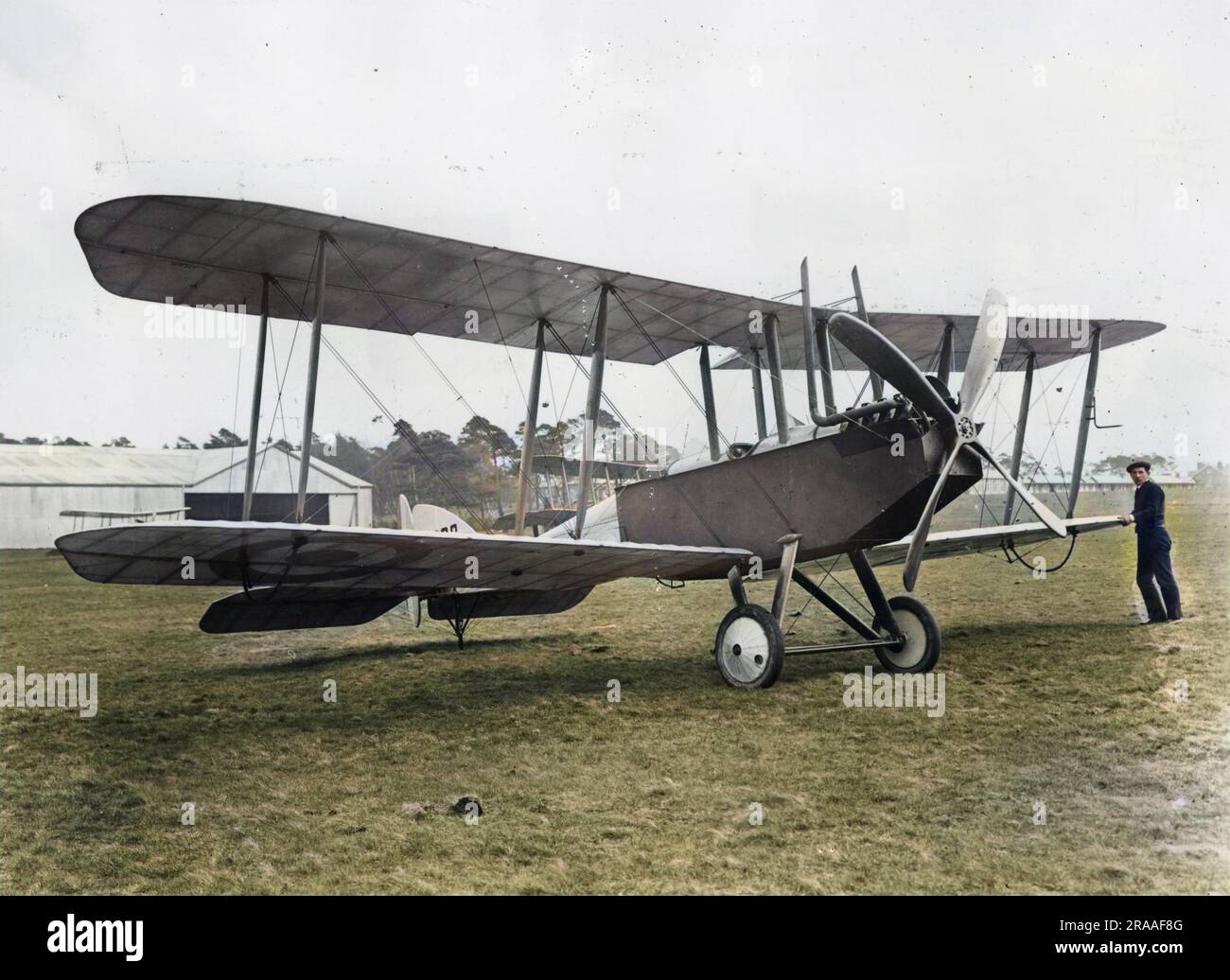 A British BE2C armoured biplane on an airfield during the First World ...