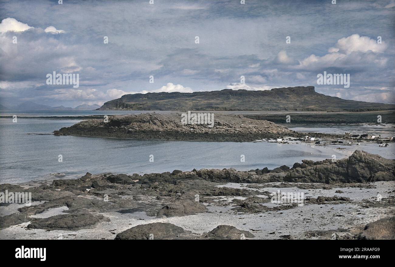 View of the island of Eigg from Muck, Inner Hebrides, northern Scotland ...